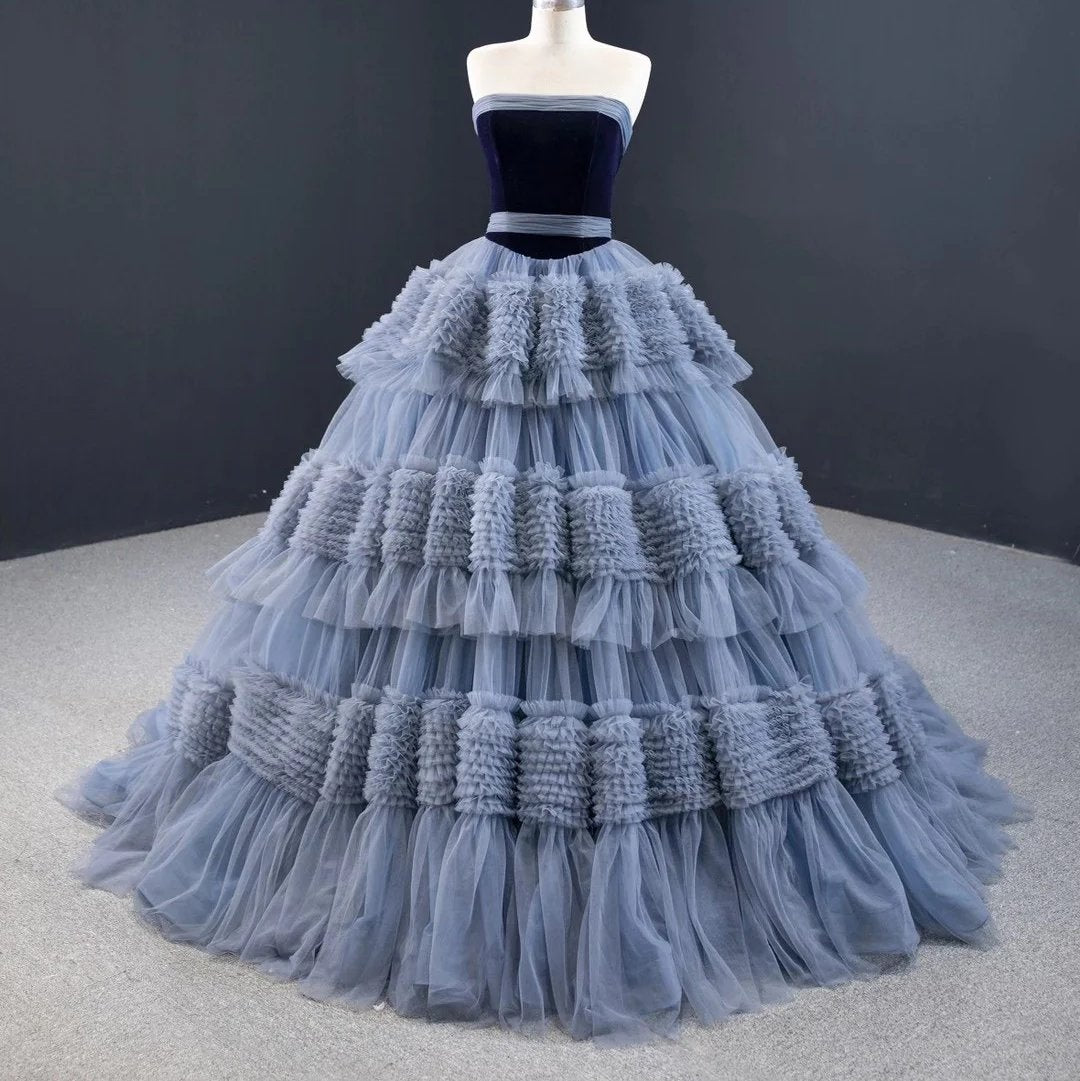 Navy Blue Corset Top with Dusty Blue Skirt Ball Gown – Sandra's Bridal ...